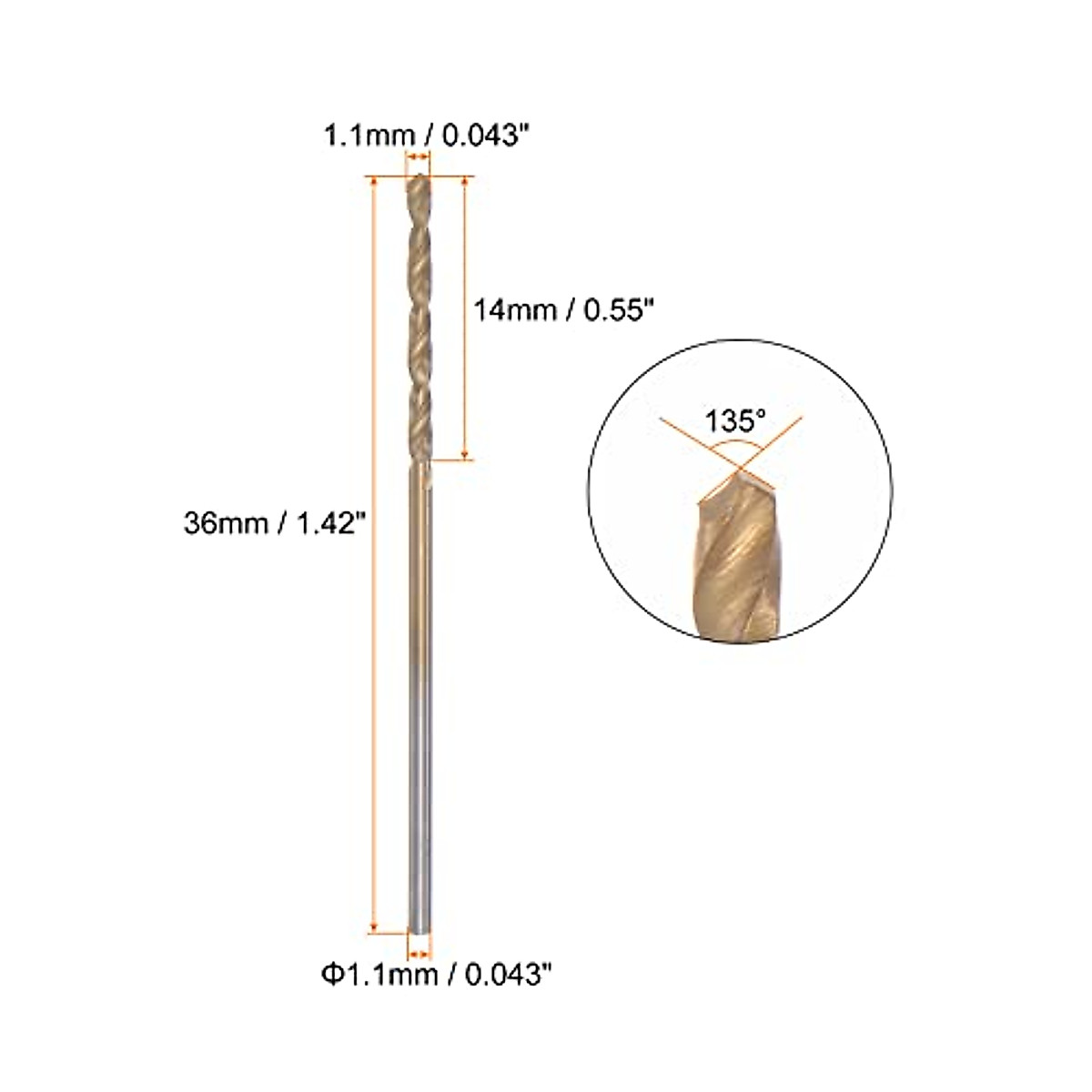 HARFINGTON 5pcs Twist Drill Bits 1.1mm Titanium Coated (HSS-E) M42 High Speed Steel 8% Cobalt Straight Shank for Stainless Steel Aluminum Alloy Metal