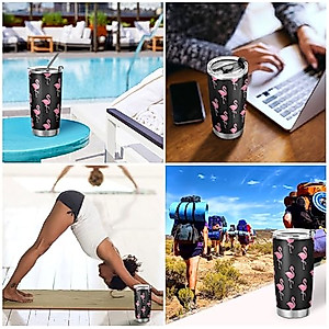 Lovely Flamingos Black Coffee Tumbler Cups Stainless Steel Tumbler with Lid and Straw Water Cup Insulated Tumblers Travel Coffee Mug Bottle for Ice Cold Hot Drink Outdoor Men Women