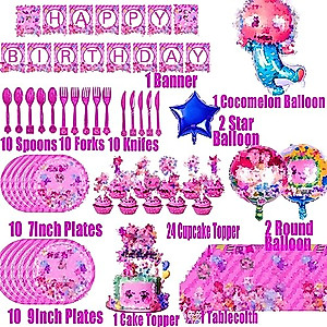 Pink Cartoon Party Supplies Favors, Birthday Decoration Include Banner, Plates, Tablecloth, Forks, Cake Topper, Foil Balloons Tableware for Kids Pink Cartoon Birthday Boys and Girls