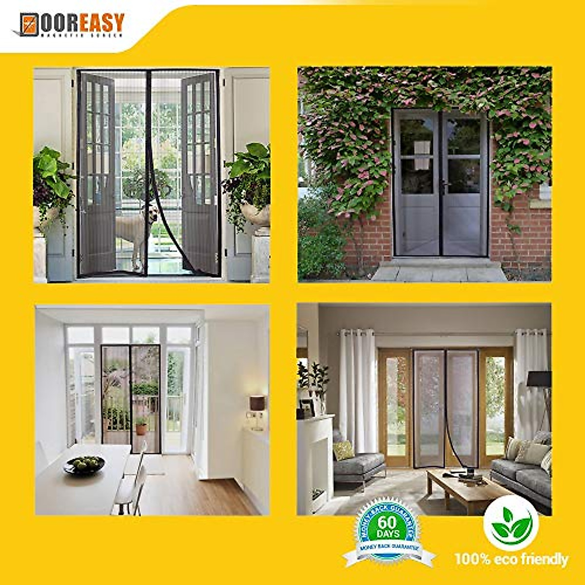 DOOREASY Magnetic Screen Wide Range Sizes Screen Door, Full Frame Loop Sewn Polyester Mesh, Add-on Magnets and Weight Bars(Fits Doors up to 30"x79")