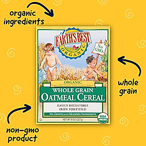 Earth's Best Organic Baby Food, Organic Whole Grain Oatmeal Baby Cereal, Non-GMO, Easily Digestible and Iron Fortified Baby Food, 8 oz Box
