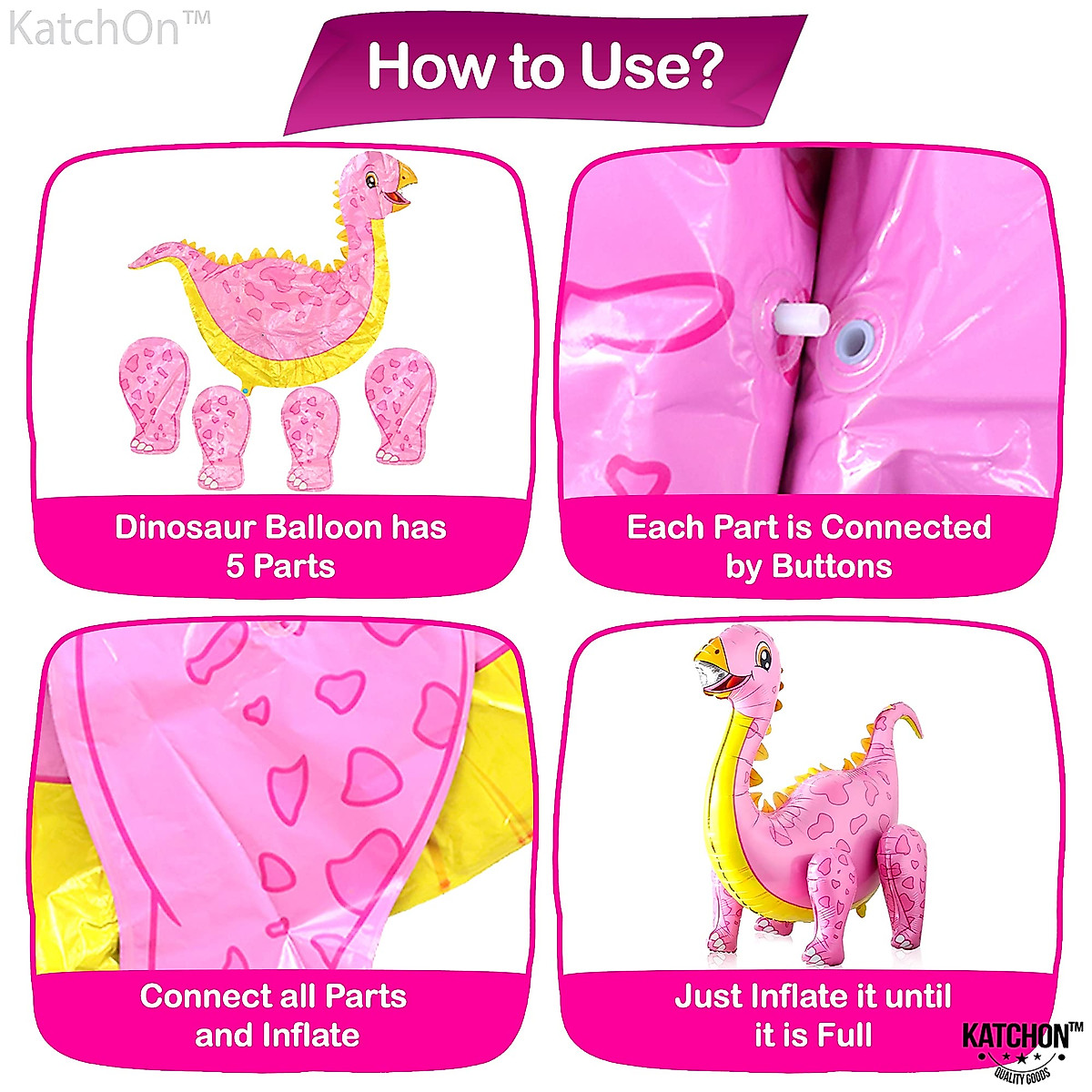 KatchOn, Giant Pink Dinosaur Balloons - 35 Inch, Pack of 2 | Dinosaur Pink Balloons, Pink Dinosaur Birthday Decorations | Girl Dinosaur Balloons, Girl Dinosaur Party Decorations | Pink Dino Balloons