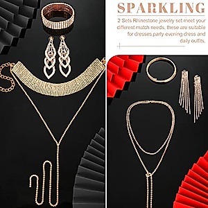 MTLEE 6 Pieces Women Rhinestone Jewelry Set Layered Choker Necklaces Long Tassel Necklaces Crystal Bracelet Cuff Bangles Diamond Tassel Dangle Earrings (Gold)