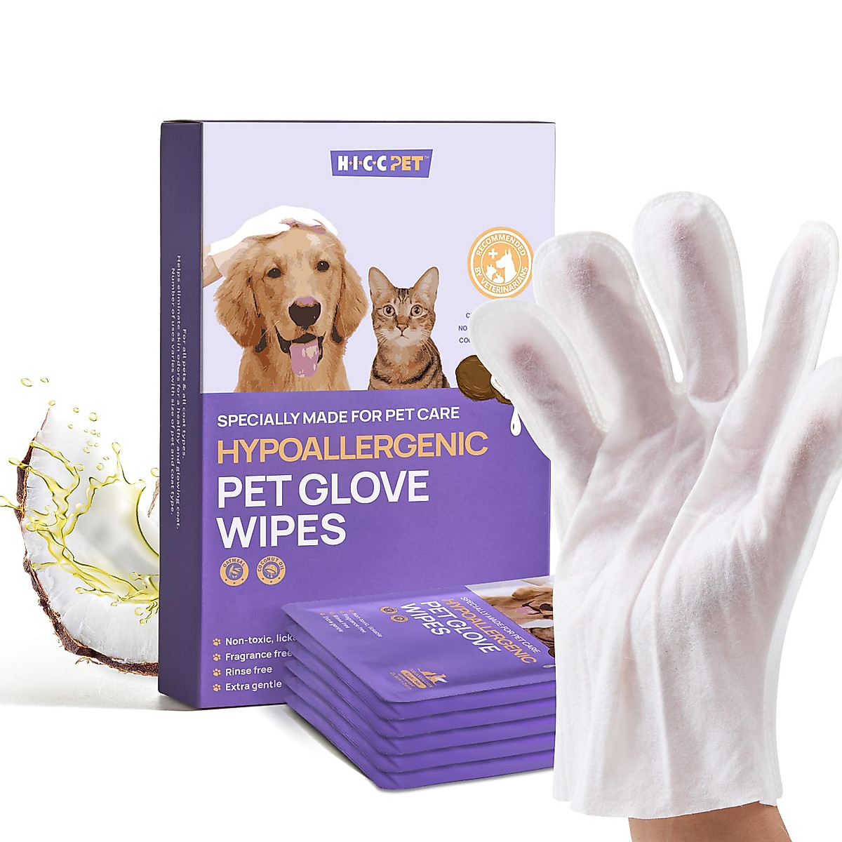 HICC PET Cleaning & Deodorizing Bathing Wipes for Dogs and Cats, Nourish Fur Coconut Oil Grooming Wipes for Dogs, Pet Cleaning Gloves Wipes for Daily Care and Traveling, Hypoallergenic