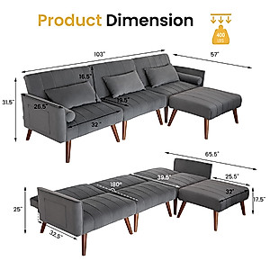 HEYNEMO Velvet Sectional Convertible Sofa with 3 Adjustable Angles, L Shape Couch with Ottoman, 3 Lumbars, Solid Wood Frame & Legs, Modern 3 Seat Couch Bed, Sectional Couch for Living Room,Gray
