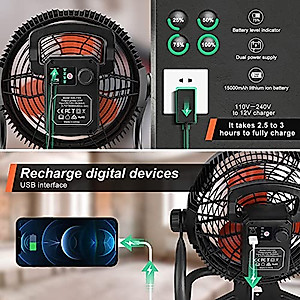 Rovtop 12" High Velocity Floor Fan, Rechargeable Outdoor Indoor Fan, 15000 mAH Cordless Portable Battery Operated Fan Run for 4.5-18 Hours, 360° Adjustable Tilt Industrial Camping Fan with Led Light