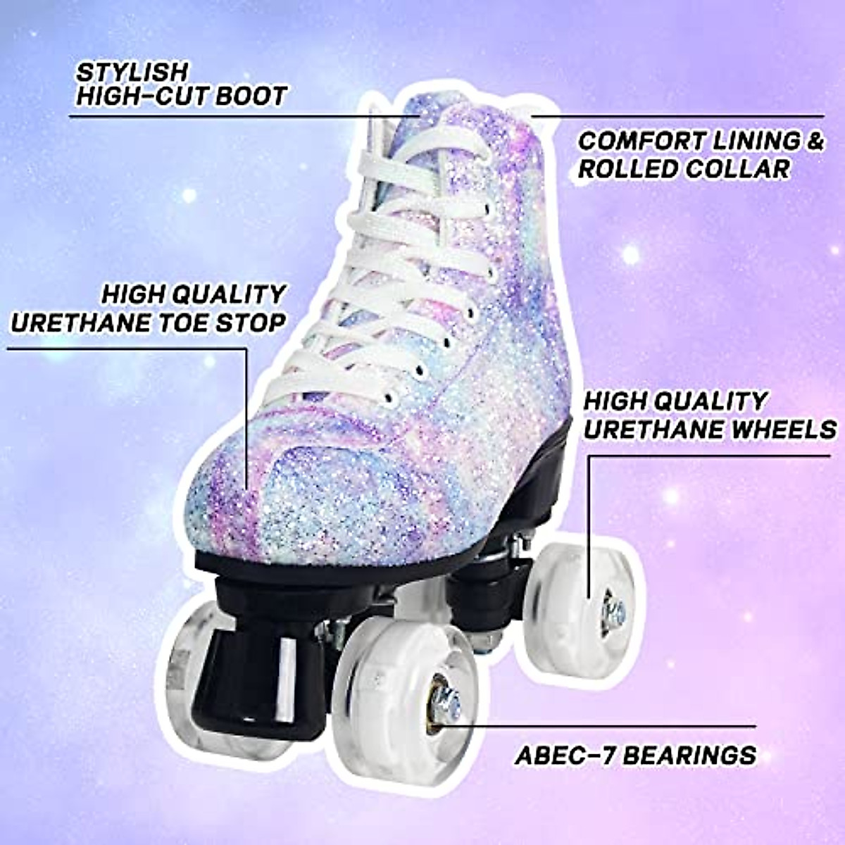 Nattork Women Roller Skates with Light Up Wheels, Unisex Retro Quad Skates for Outdoor & Indoor, Double Row Glitter Skates for Girls - Glitter(Women 8.5 US)