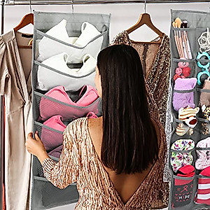 Tatuo 10 Pcs Large Hanging Socks Bra Underwear Organizer with Rotating Metal Hanger Dual Sided Closet Hanging Bra Organizer Space Saver Wall Shelf Wardrobe Mesh Pockets Hanging Storage Bag, Grey