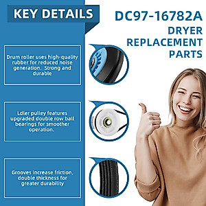 Upgraded Dryer Repair Kit DC97-16782A Dryer Roller Compatible with Samsung DV50K86EV/A3 DV40J3000EW/A2 DV42H5000EW/A3 Includes 6602-001655 Dryer Belt DC93-00634A Dryer Idler Pulley With Tension Spring