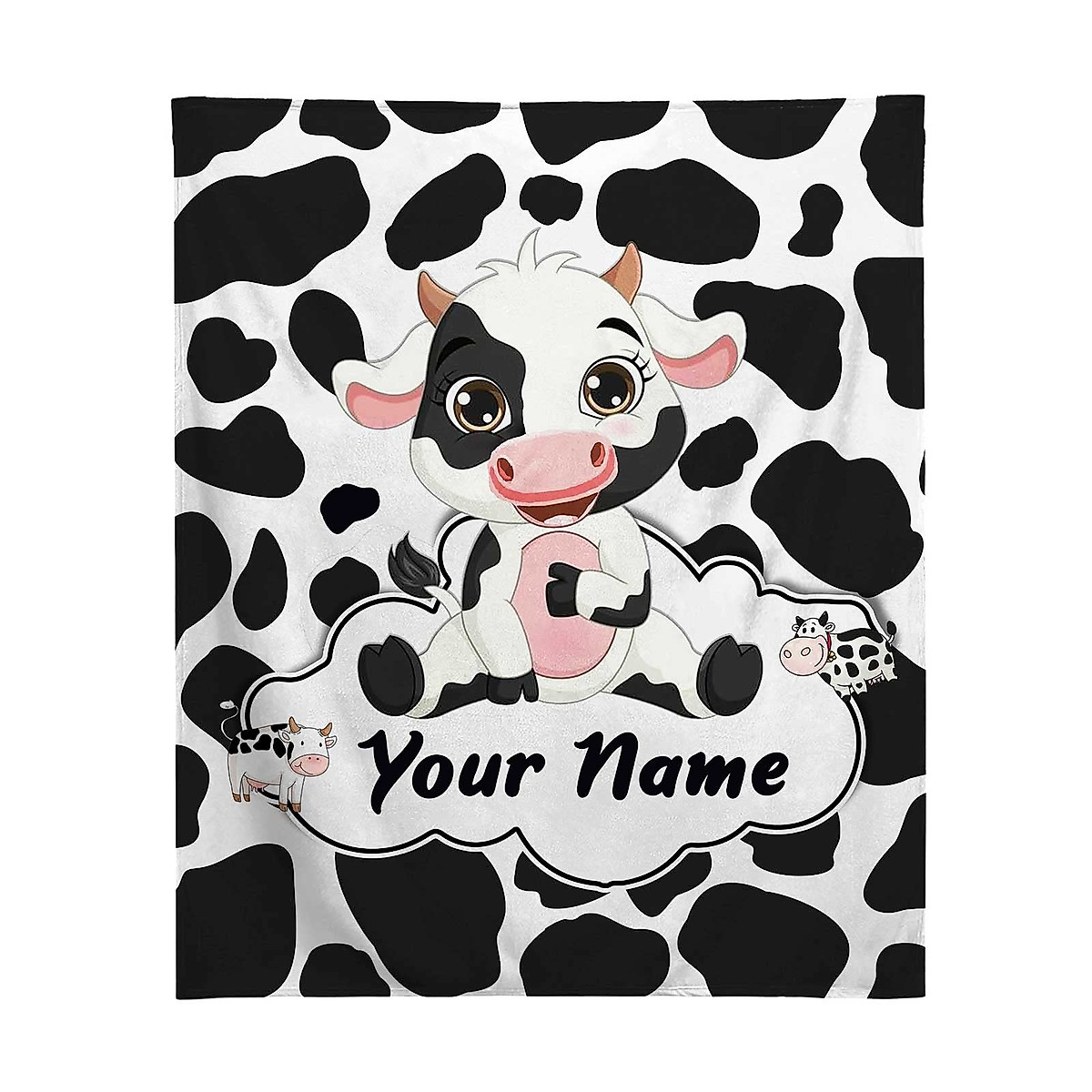 KSUPER Personalized Cow Print Blanket with Name Custom Black White Cute Cow Print Throw Blankets for Baby Girls Boys Kids Daughter Sofa Christmas Birthday Gifts