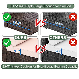 Polar Aurora 6pcs Patio Furniture Set PE Brown Rattan Wicker Sectional Outdoor Sofa Set Outside Couch w/Washable Seat Cushions & Modern Glass Wedge Table for Patio, Backyard, Pool-Beige