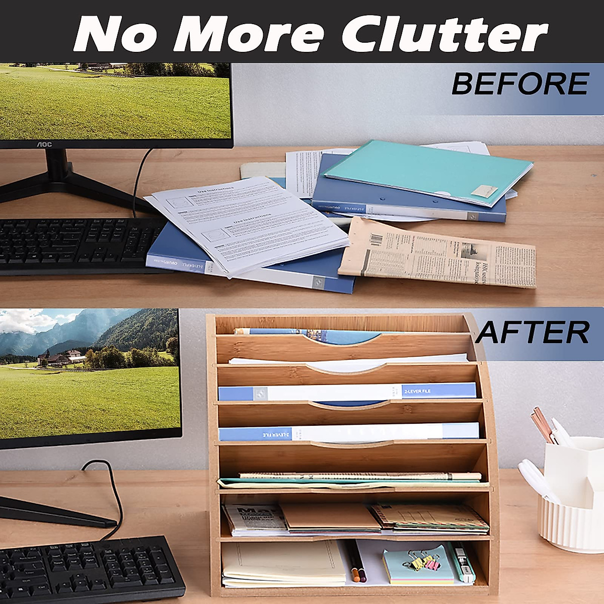 Office File Organizer for Desk, 7 Tiers Letter Mail Paper Sorter, Desktop Document File Holder with Adjustable Shelves, DIY Compartments Mail Letter Tray Notebook Storage Rack