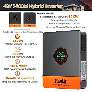 PowMr 5000W Solar Inverter 48V DC to 110V/240V AC Split Phase Inverter Pure Sine Wave Power Inverter with 100A MPPT Controller 5000W Hybrid Inverter, Max.PV Input 5500W, 500VDC, Parallel 6 inverters