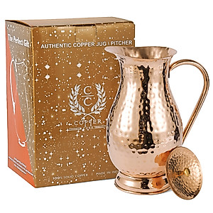 Copper Pitcher with a Lid | Large Size Solid Copper Handcrafted Copper Hammered Jug | Capacity 70 Oz/2000ml | Pure Copper Water Carafe For Home, Hotels & Gifting