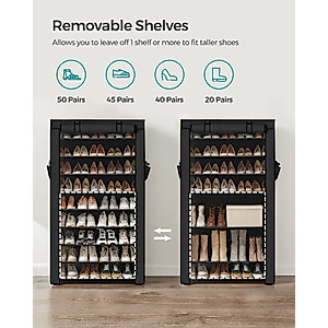 SONGMICS Shoe Rack, 9 Tier Shoe Organizer with Nonwoven Fabric Cover, Shoe Storage Shelf for 40-50 Pairs of Shoes, Entryway, Suitable for Sneakers, High Heels, Flats, and Boots, Black URXJ36HV1