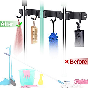 HYRIXDIRECT Broom Holder Wall Mount Broom Organizer Mop Holder Hanger Garden Tool Organizers Storage Rack Garage Laundry Room Organizations and Storage with Hooks Heavy Duty