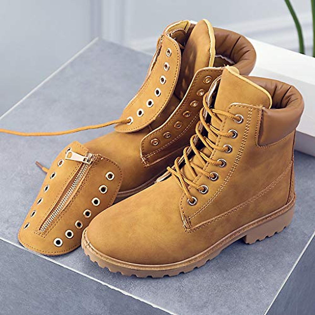 Padaleks Women's Round Toe Waterproof Ankle Bootie Lace Up Low Heel Work Motorcycle Combat Boots High Tops Booties