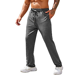 COOFANDY Men's Jersey Sweatpants Open Bottom Casual Cotton Pants Lightweight Loose Fit Trouser with Pockets Dark Grey