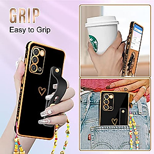 Likiyami (3in1 for Samsung Galaxy Note 20 Case Heart Women Girls Cute Girly Aesthetic Trendy Luxury Pretty with Loop 5G Phone Cases Black and Gold Plating Love Hearts Cover+Screen+Chain -6.7 inch