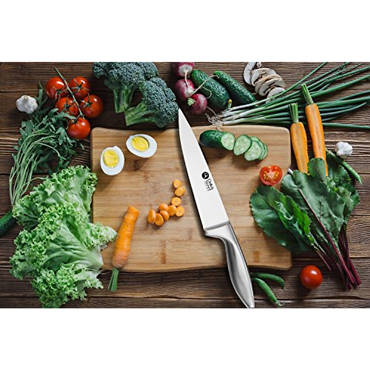 Oak & Steel 13 All-In-One Stainless Steel Chef Knife & Kitchen Cooking Utensil Set - Rotating Stand with Built-in Sharpener, 7 Cooking Tools, 5 Professional Knives