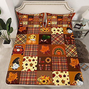 Fall Season Sheet Set Full Size for Boys Girls Autumn Harvest Decoration Bed Sheets Set, Thanksgiving Day Gifts for Kids Teens Women Geometry Plaid Print Flat Sheet Maple Leaves Rainbow Decor Bedding