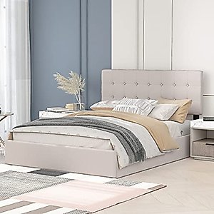 Contemporary Linen Upholstered Platform Bed Mattress Foundation w/Button Tufted Headboard&Slats for Adult,Low Panel Bedframe w/Gas Lift up Storage Space&Wooden Slats,No Box Spring Needed (Beige,Queen)