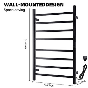 Towel Warmer Heated Towel Bar-Rack - Nopwer Bathroom Wall Mounted Electric Towel Drying Plug-in Matte Black 8 Bars