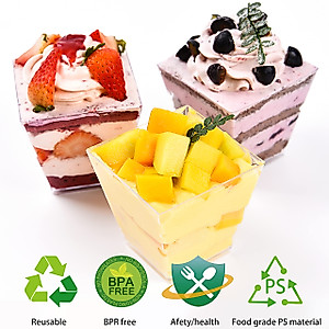 Jutoarts 50 Pack 5 oz Small Reusable Serving Dessert Cups with Lid and Spoon, Square Fruit Cups, Clear Plastic Parfait Appetizer Cup, For All Kinds of Parties.