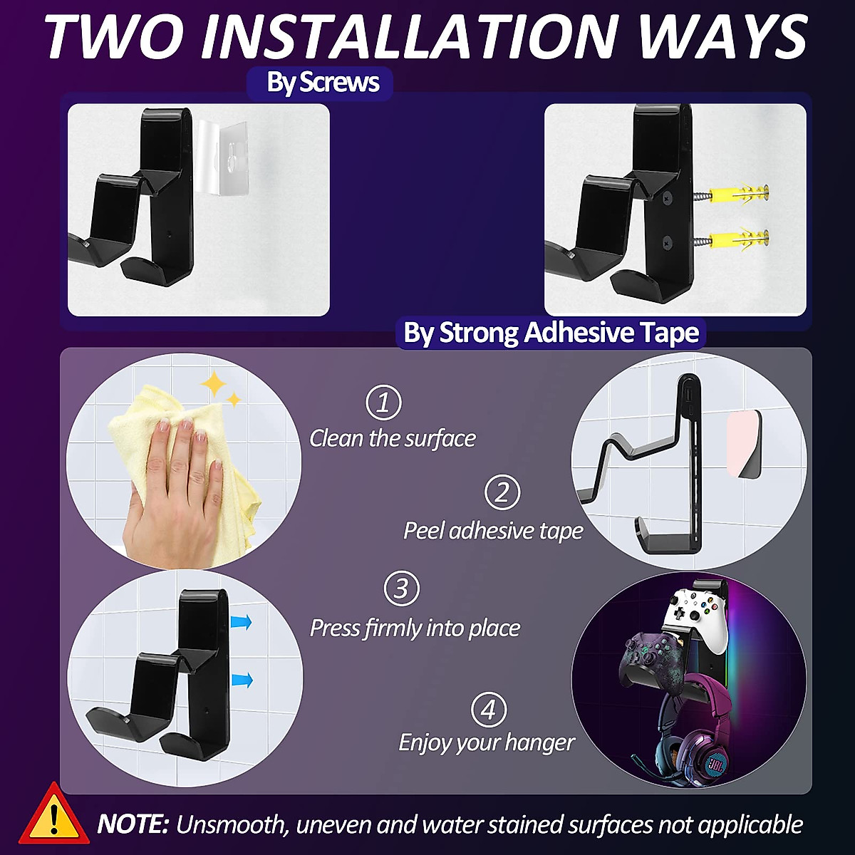 ArtCWK RGB Dual Game Controller & Headphone Holder Charger with 10 Light Modes and 2 USB Charging Port, Wall Mount Stand Charger for Xbox PS5 PS4 PS3 Xbox Switch, for All Universal Gamepad & Headsets