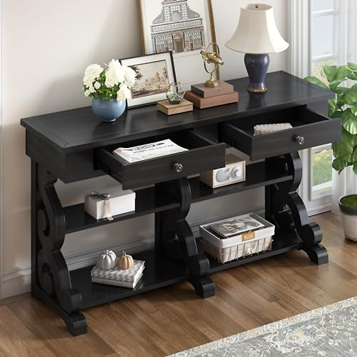 Retro Wood Console Table with Ample Storage, Classic Sideboard with 2 Drawers and Open Adjustable Shelves for Entrance Dinning Room Living Room Corridor Hallway (Antique Black-pzm3)