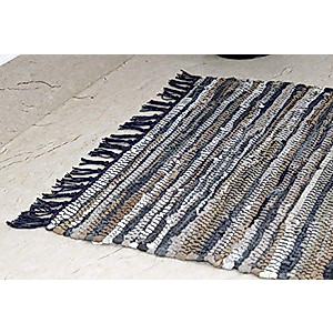 COTTON CRAFT Leather Chindi Area Rug - Boho Farmhouse Rustic Accent Rug - Handwoven Reversible Natural Recycled Leather Throw Rug - Entryway Living Room Dorm Study Gift - 3'x5' - Grey Ivory Multicolor