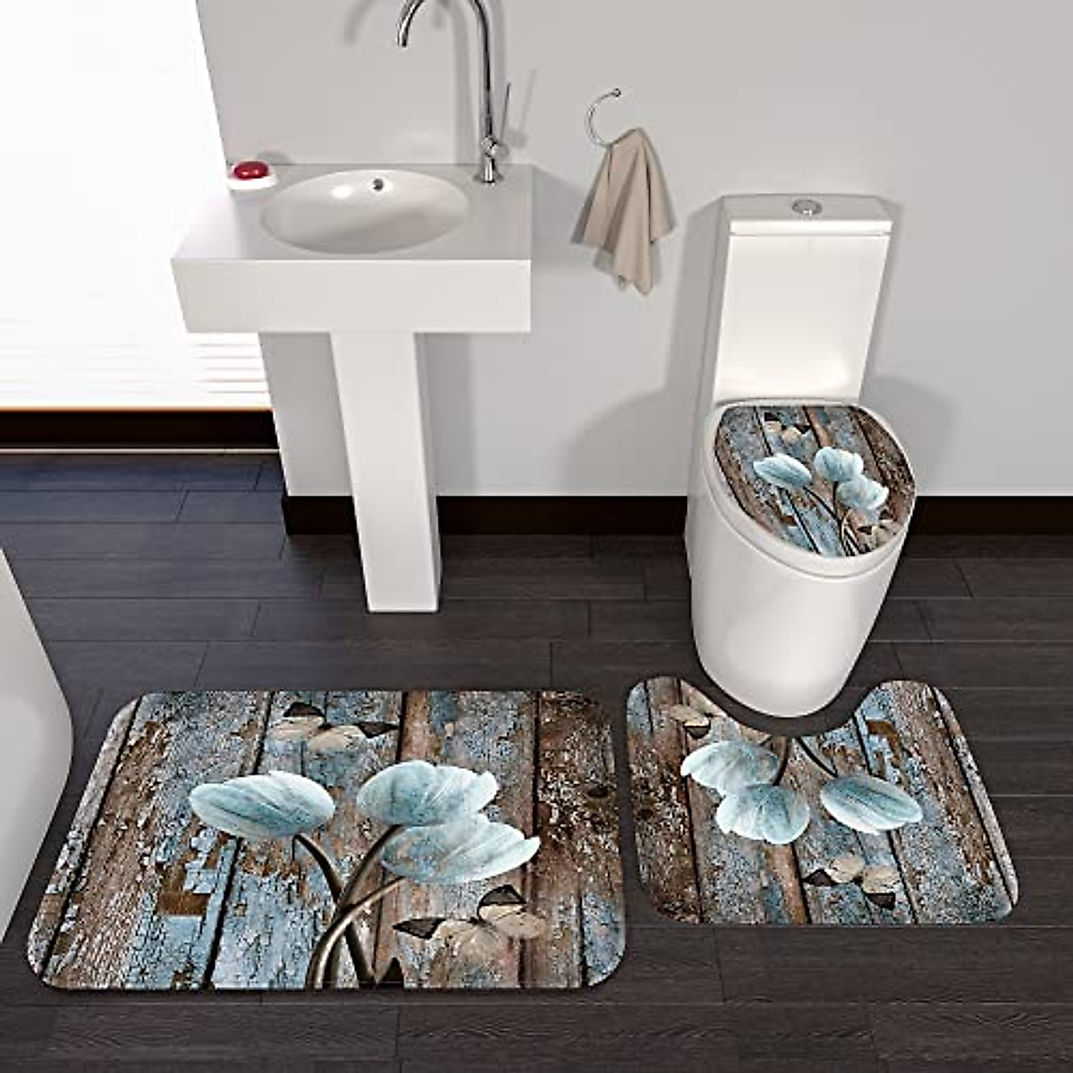 4 Piece Fun Butterfly Vintage Wooden Floral Tulip Flower Shower Curtains Sets with Non-Slip Rugs, Toilet Lid Cover and Bath Mat, Bathroom Sets with Shower Curtain and Rugs and Accessories