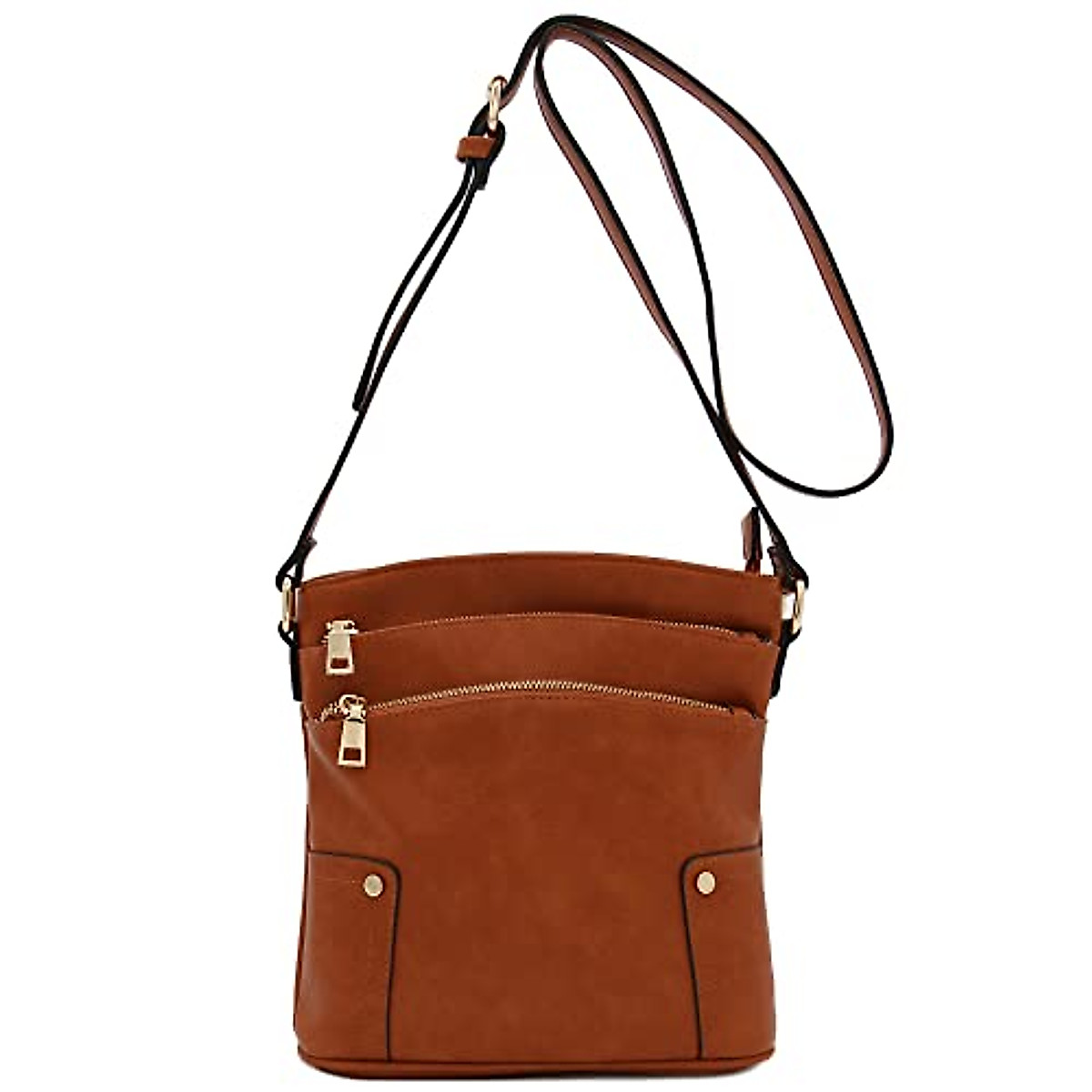 FashionPuzzle Triple Zip Pocket Medium Crossbody Bag (Dark Tan)