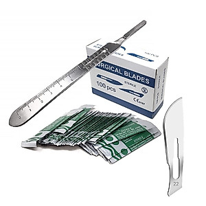 100 Pcs Box Surgical Sterile Blades #22 Made of High Carbon Steel With Stainless Steel Scalpel Handle Knife #4 Graduated Use for Biology Lab Anatomy, Cutting, Med Student, Sculpting, Repairing