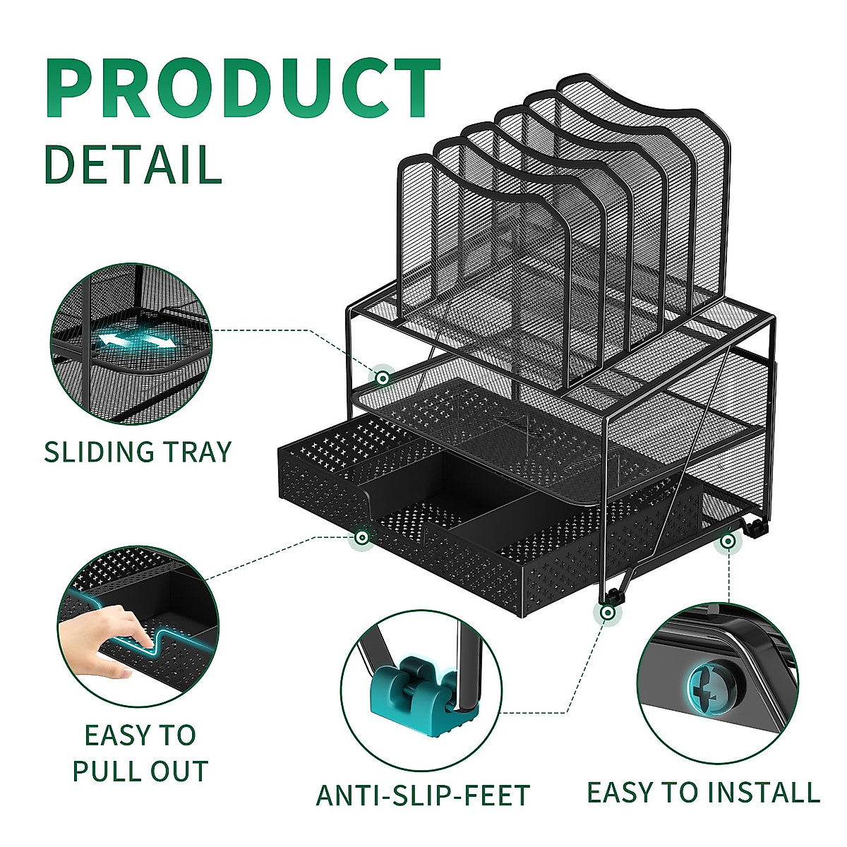 Simple Trending Mesh Desk Organizer with Sliding Drawer, Double Tray with 5 Sections File Bookshelf, Black