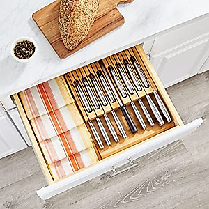 mDesign Bamboo In-Drawer Knife Organizer Holder Storage Block for Kitchen; 16-Slot Cutlery Dock Insert Holds 8 Small Knives, 8 Large Knives and Sharpener - Home Sort Collection - Natural