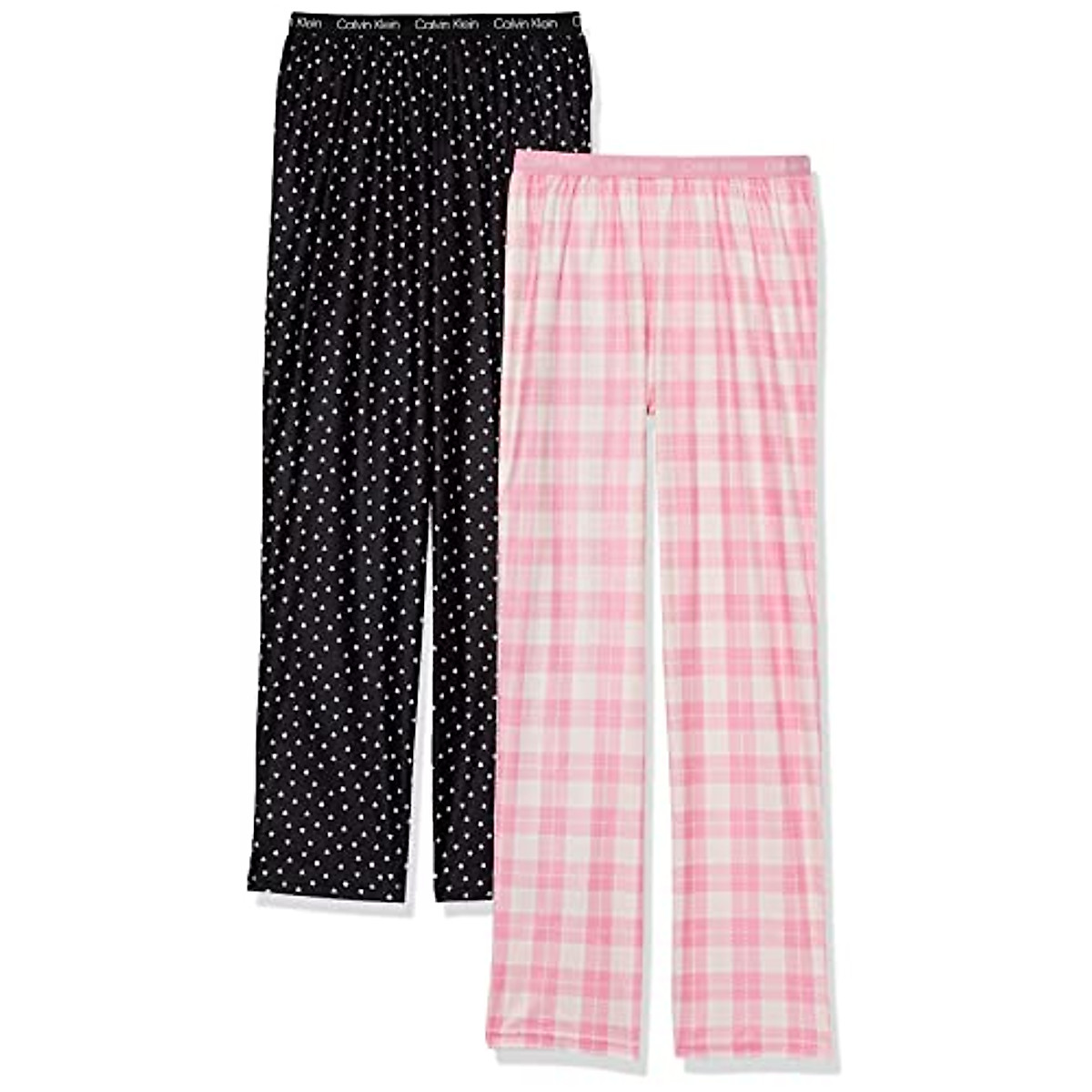 Calvin Klein Girls' Super Soft Brushed Microfleece Pajama Pant, 2-Pack, Black Heart/Pink Plaid, S