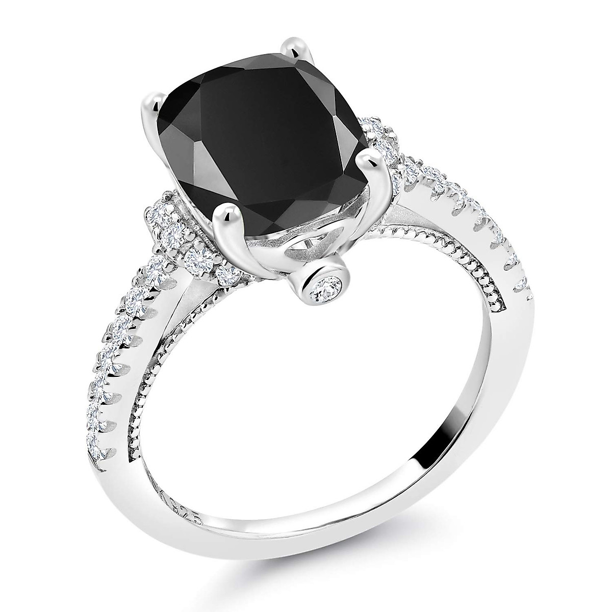 Gem Stone King 925 Sterling Silver Black Onyx and White Created Sapphire Ring | 10X8MM Cushion Cut Gemstone Birthstone Ring For Women | 3.14 Cttw | Available In Size 5, 6, 7, 8, 9