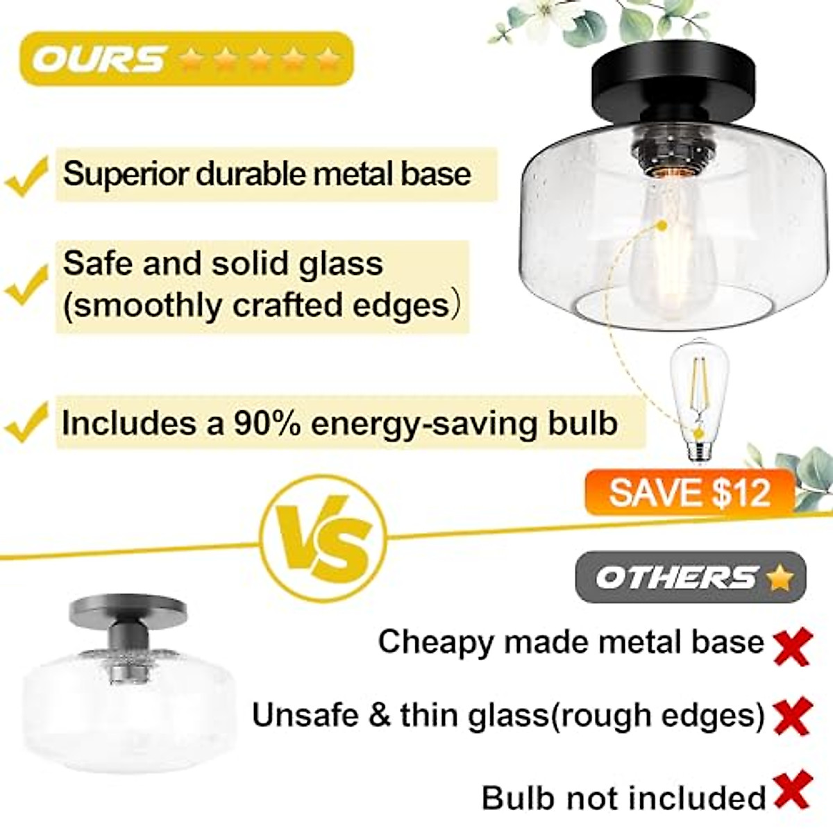 Industrial Semi Flush Mount Ceiling Light, 800 Lumen LED Bulb Included, Seeded Glass Shade Farmhouse Light Fixture for Hallway Corridor Kitchen Bathroom Bedroom Passway