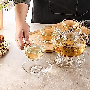 Glass Teapot Set, 40OZ/1200ml Stovetop Safe Glass Tea Kettle with Removable Infuser & Tea Warmer, Tea Cups and Saucers Set of 4, Blooming Tea & Loose Leaf Tea Maker Set for Women