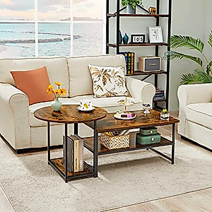 WOHOMO Coffee Table, 2 in 1 Unique Detachable Nesting Coffee Table Set of 2, Small Round and Rectangular Living Room Table Set, Industrial Modern Style Coffee Tables for Living Room, Rustic Brown