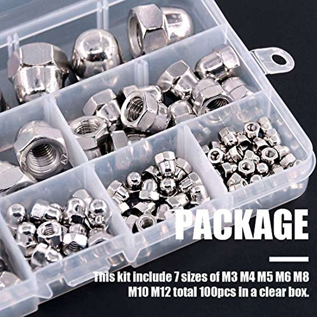 100Pcs 304 Stainless Steel Serrated Metric Acorn Cap Nuts Hex Dome Cap Assortment Kit, 7 Sizes - M3 M4 M5 M6 M8 M10 M12