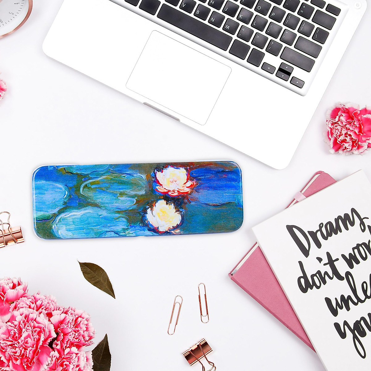 DAHO Tin Pencil Box with World Famous Arts for School, Office, Home, Makeup Storage (Les Nymphéas)