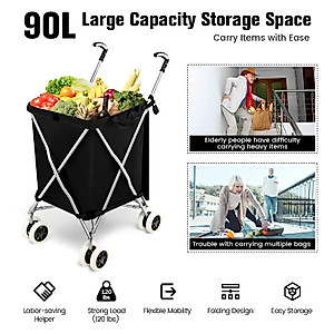 Safstar Folding Shopping Cart, Lightweight Grocery Cart with Dual Wheels & Removable Bag, Portable Utility Cart for for Market Shopping, Laundry Grocery, Picnic, Holds up to 24 Gal/120 LBS (Black)