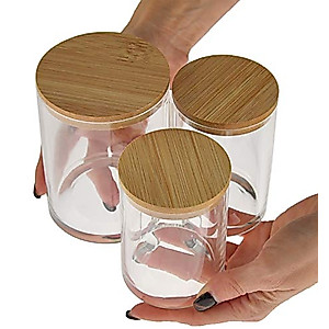ARAD Cotton Ball, Swab, Q-tip Storage Set, 1-Piece, 3 Compartment, Clear Acrylic Jar Container with Bamboo Lid, Easy Organization on Bathroom Counters, Under-Sink Placement-6"D x 4.5" H