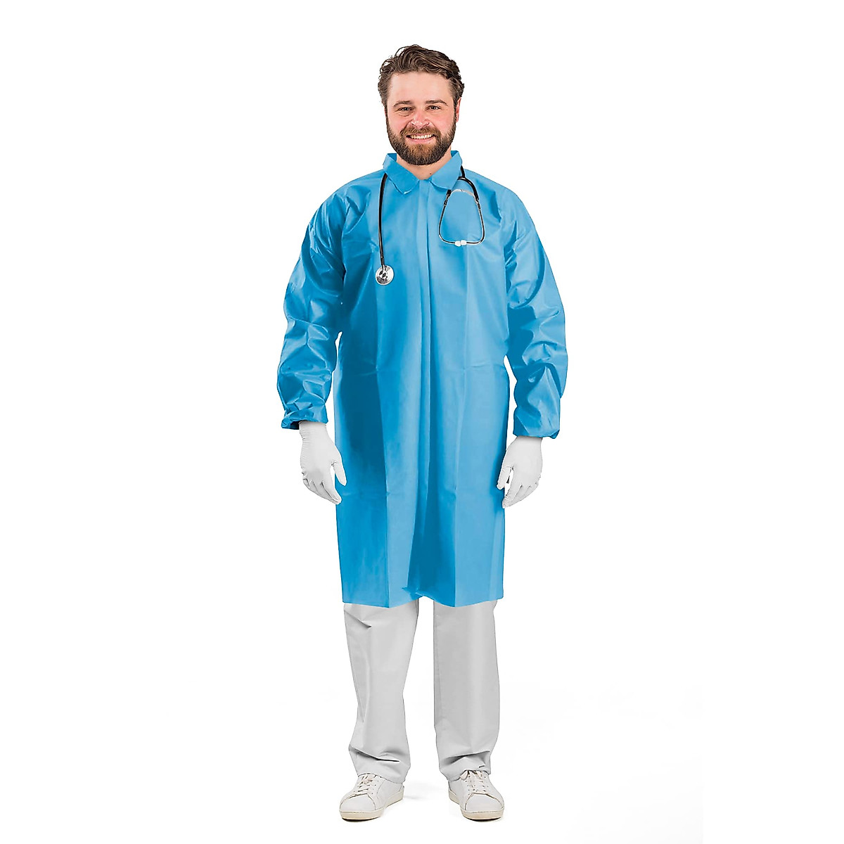 ABC Disposable Lab Coats for Adults X-Large, Blue Fluid Resistant Gowns Disposable, Polyethylene Medical Disposable Gowns, Knee Length Lab Coat Disposable