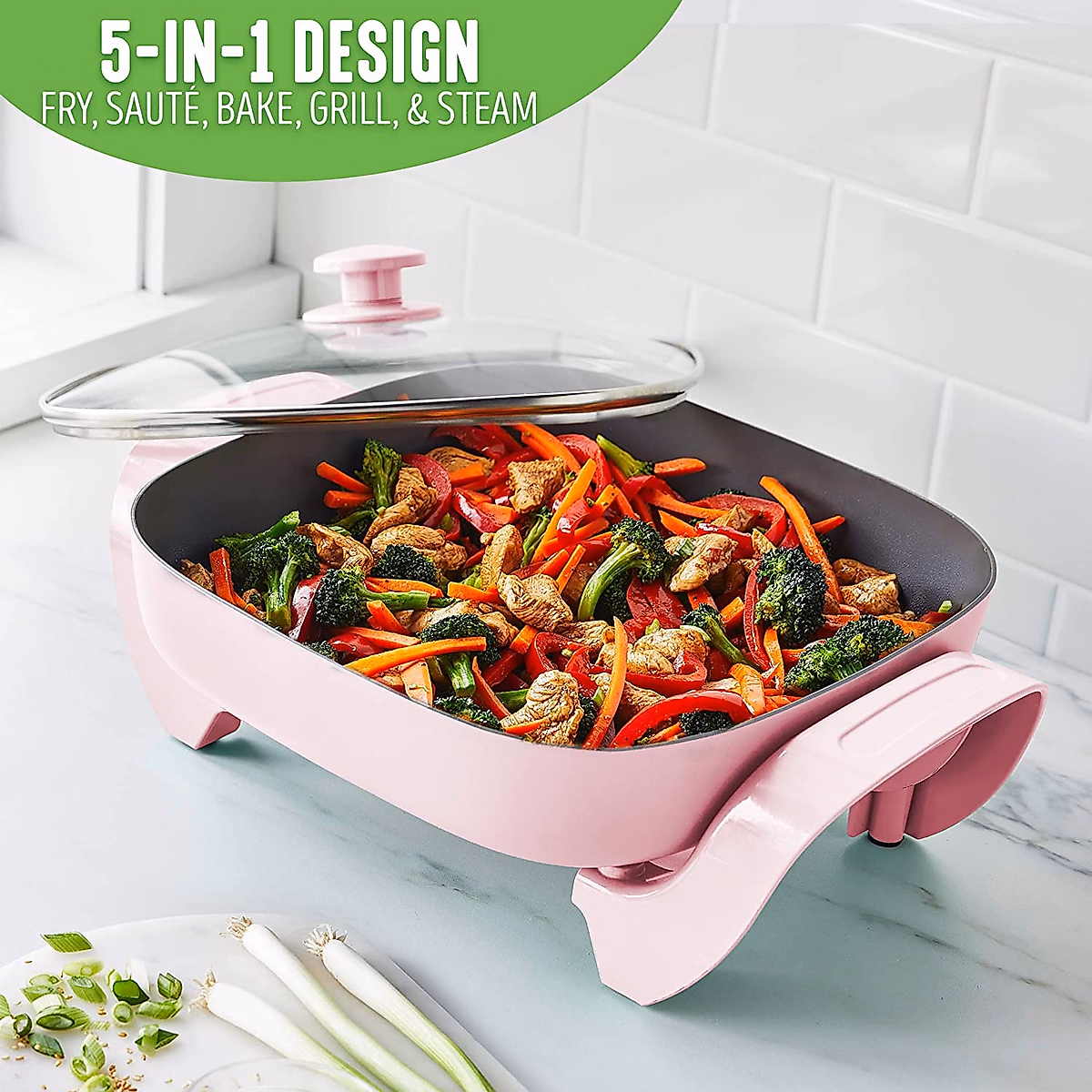 12-inch Nonstick Square Electric Skillet - with Glass Lid, Dishwasher Safe, Pink