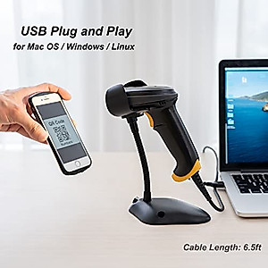 TEEMI 2D Barcode Scanner USB Wired Handheld Automatic QR Data Matrix PDF417 bar Codes Imager for Mobile Payment Computer Screen Scan (Stand Included)