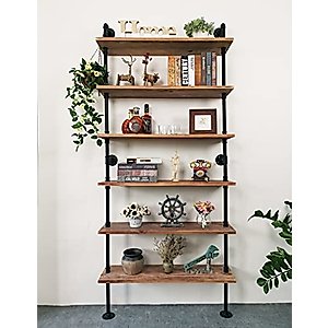 Anynice 6 Tier Industrial Ladder Pipe Shelf Bookcase, Rustic Wall Mounted Pipe Bookshelves for Decor and Storage