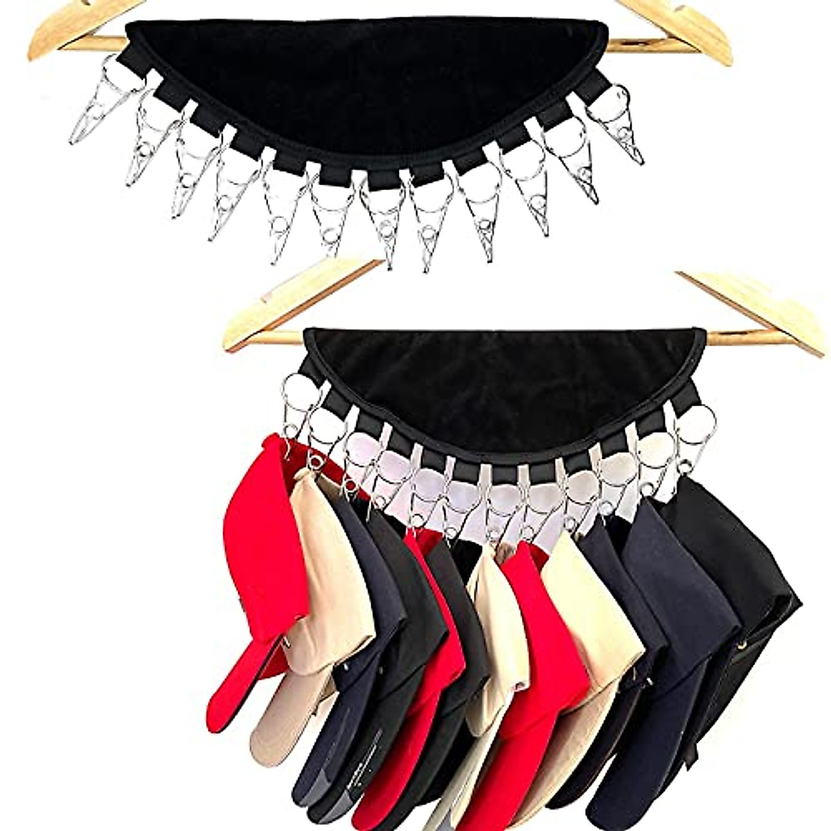 G GENLEAS 2 Pack 12 Hat Organizer Hook Loop Tape Cap Stainless Steel Organizer Hanger, Folding Clothes Hangers Foldable Clothes Drying Rack for Travel Circle Shape